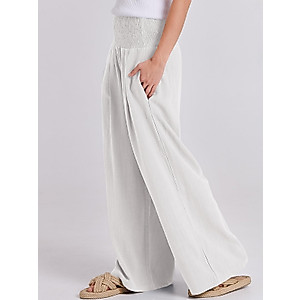 Caracilia Flowy Pants for Women Summer Beach Linen Wide Leg High WAIS Smocked Trousers Casual Lightweight Vacation Palazzo Lounge Pant with Pocket White C109A1-mibai-XL,X-Large