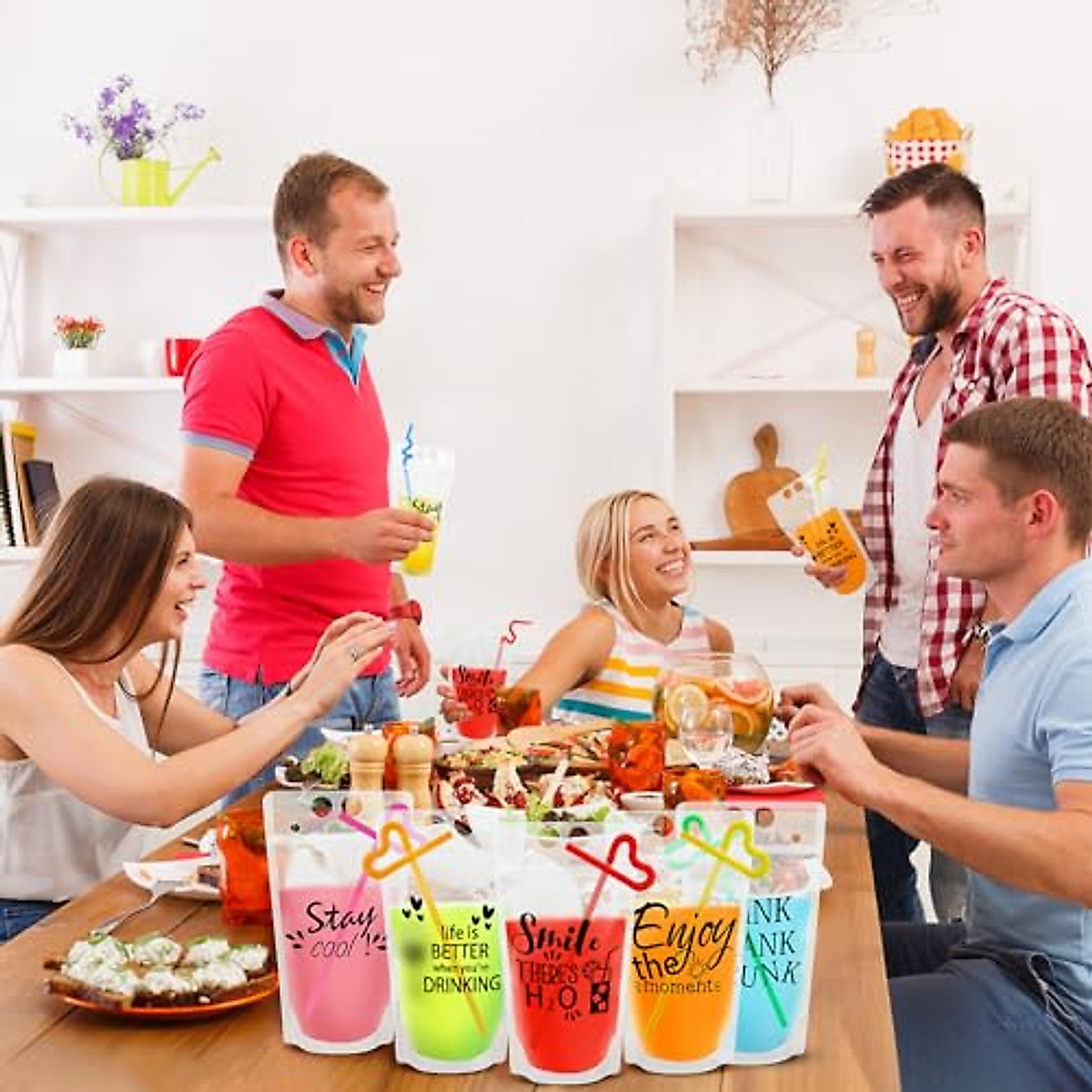 Ozera 50 Pcs Drink Pouches for Adults, Reusable Drink Pouches with Straws Funnel, Funny Text Juice Pouches for Adults Teen, Novelty Hand-held Plastic Smoothie Pouches for Drinks(5 Styles)