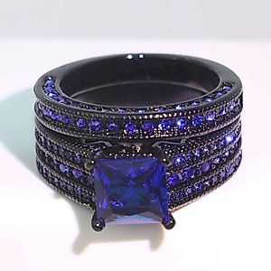 Ringcrown Couple Rings Black Gold Filled Princess Cut Blue Cz Womens Wedding Ring Sets Man Tungsten Wedding Band（Please Buy Two Rings for one Pair）