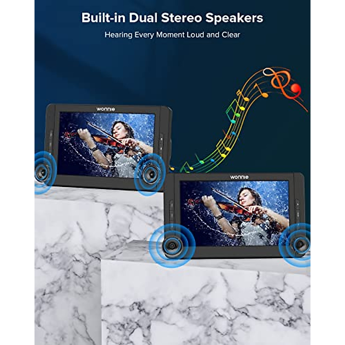 WONNIE 10.5" Dual Portable DVD Player for Car, Headrest Kids CD Players with Two Headphones Built-in 5 Hours Rechargeable Battery, Support USB/SD/MMC,AV Out & in,Regions Free (1 Player+1 Monitor)