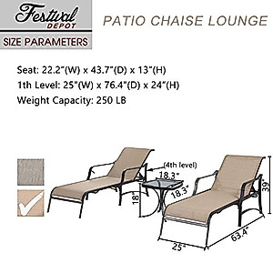 Festival Depot 3 Pc Patio Bistro Outdoor Chaise Lounge Chair Set Textilene Furniture Metal Adjustable Back Curved Armrest with Glass Desktop Coffee Side Table for Porch Yard Garden (Beige)