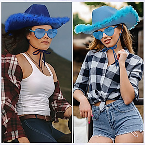 Handepo 6 Pcs Cowboy Hat Set Cowgirl Hat with Feather Heart Shaped Sunglasses Paisely Bandana Accessories for Women Men Bachelorette Party Costume, Assorted Colors