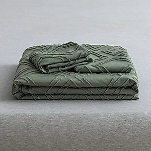 JELLYMONI Green Duvet Cover Set Queen Size - Microfiber Tufted, Boho Textured, Jacquard Rhombus Geometric Pattern Duvet Cover with Corner Ties & Zipper Closure