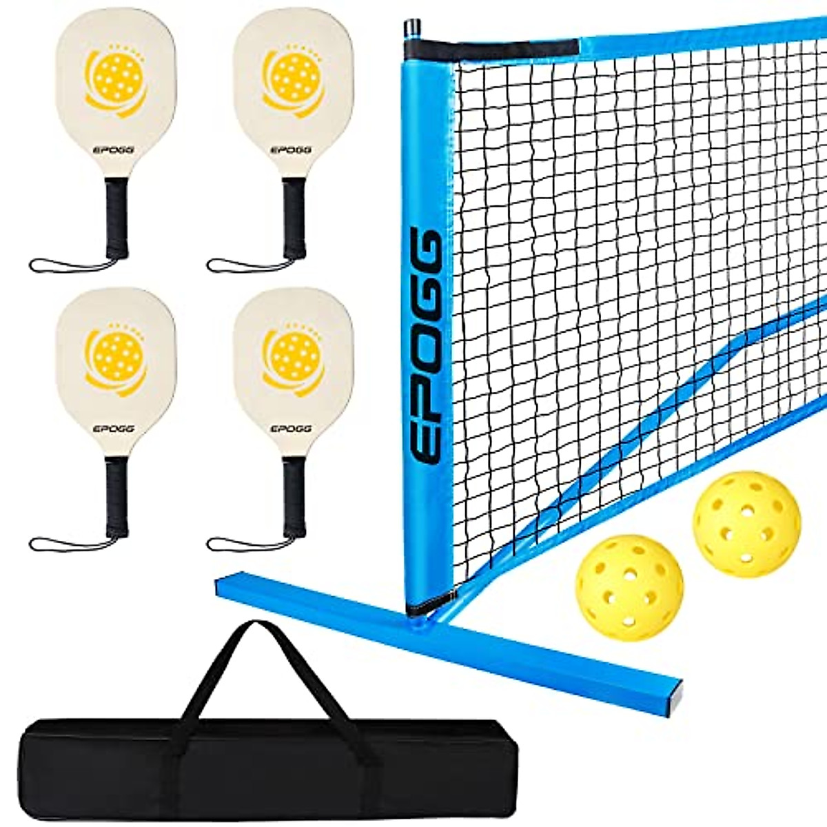 Portable Pickleball Net Set, EPOGG Official Size Pickleball Net System with 4 Pickleball Paddles, 2 Outdoor Pickleballs, Carry Bag and Heavy Duty Steel Frame for Professional Sports Training
