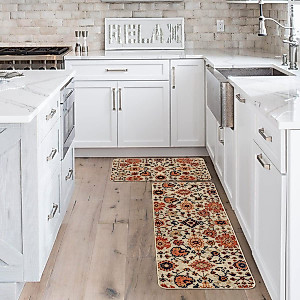 Artoid Mode Flowers Bohemia Kitchen Mats Set of 2, Daily Boho Home Decor Low-Profile Kitchen Rugs for Floor - 17x29 and 17x47 Inch