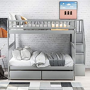 LCH Stairway Twin Over Full Bunk Bed with Storage Staircase & Desk & Bookshelves & Two Drawers, Solid Wood Bedframe w/Safety Guardrail, Perfect for Kids Bedroom,Dorm,Guest Room Furniture, Grey