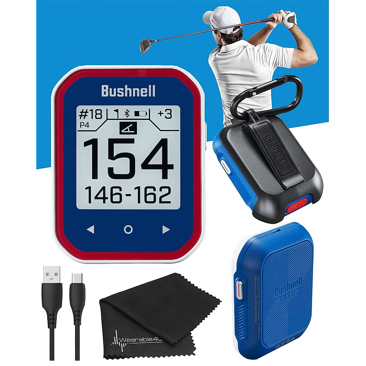 Bushnell Phantom 3 GPS Rangefinder Blue with BITE Magnetic Mount and GreenView with Wearable4U Lens Cleaning Cloth Bundle