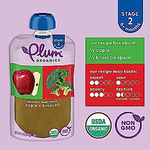 Plum Organics | Stage 2 | Organic Baby Food Meals [6+ Months] | Apple, & Broccoli | 4 Ounce Pouch (Pack Of 6)
