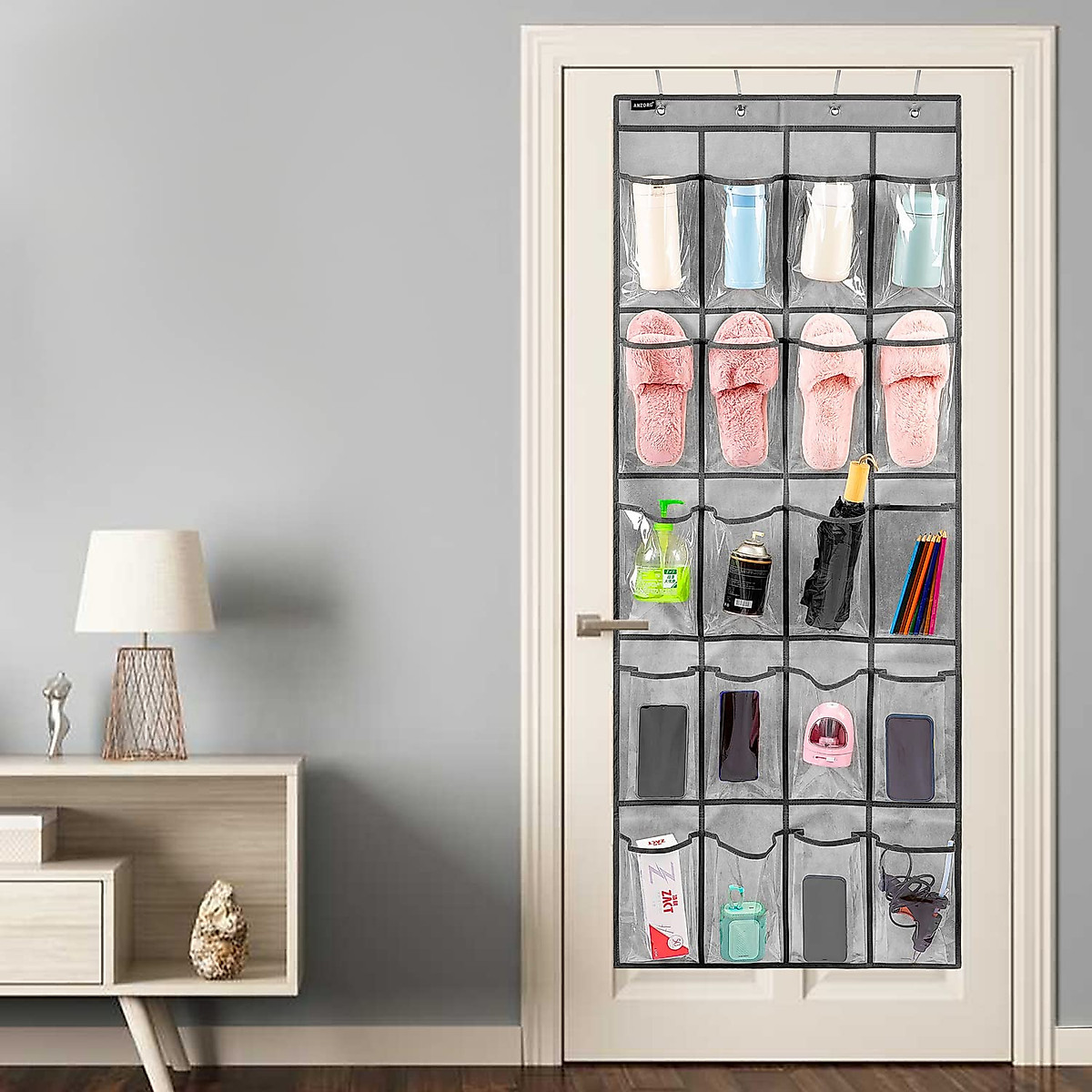 ANZORG Over Door Hanging Water Bottle Holder Cup Organizer for Kitchen Pantry Glass Bottle Storage Rack with 20 Pockets (CLEAR PVC POCKETS)