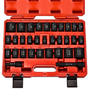 Neiko 02447A 1/2" Drive Master Impact Socket Set, 32 Piece Shallow Socket Assortment | Standard SAE (3/8-Inch to 1-1/4-Inch) and Metric (10-32 mm) Sizes | Cr-V Steel