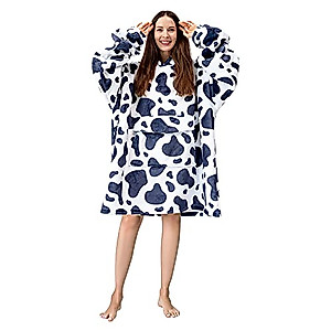 Wearable Blanket Hoodie for Adult Women Men,Oversized Sherpa Sweatshirt Wearable Blanket with Giant Pocket,Super Warm Soft Flannel Hooded Blanket,Cow Print