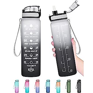 Enerbone 32 oz Water Bottle, Leakproof BPA & Toxic Free, Motivational Water Bottle with Times to Drink and Straw, Fitness Sports Water Bottle with Strap for Office, Gym, Outdoor Sports, Gray-Black