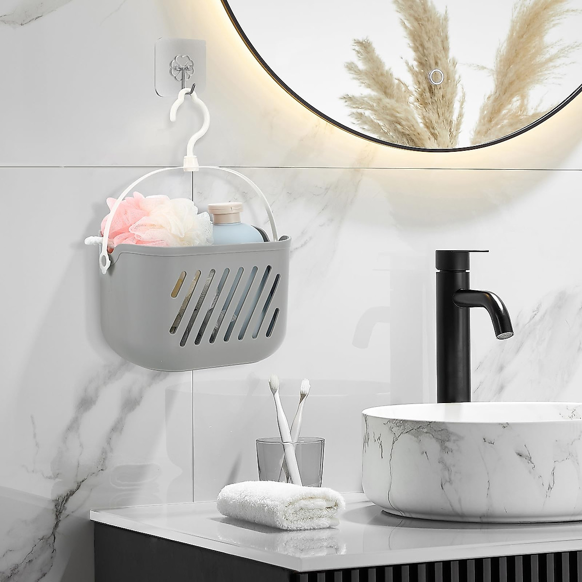 DOITOOL Hanging Shower Caddy Plastic Hanging Shower Basket Portable Kitchen Organizer Storage Basket with Hook for Home Bathroom Kitchen, Grey Plastic Shower Caddy Basket
