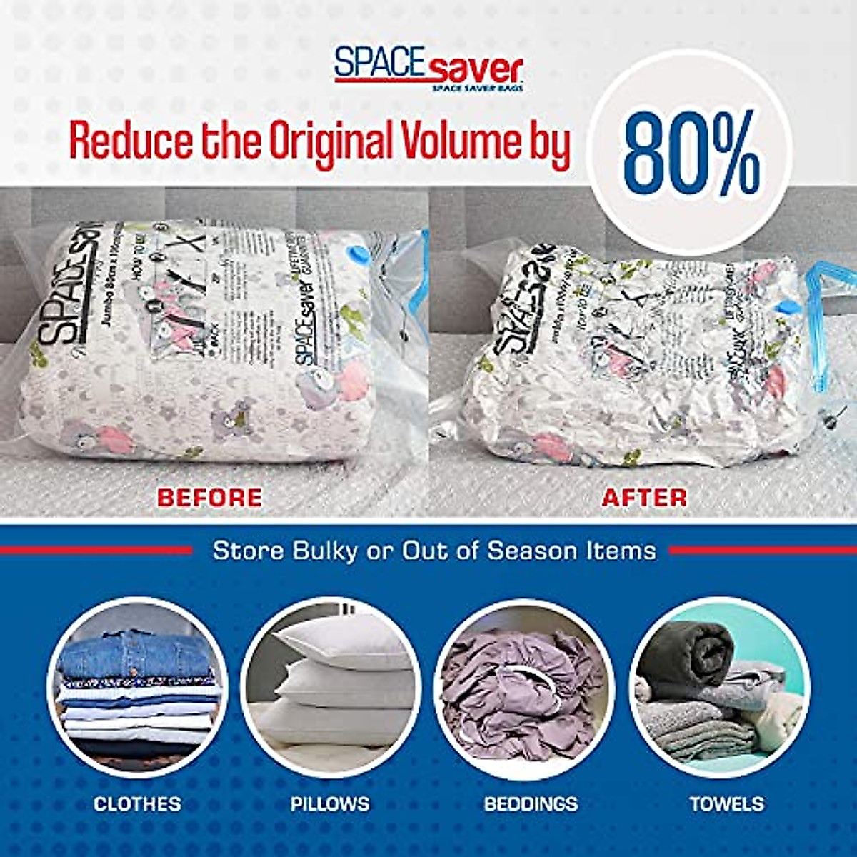 Spacesaver Vacuum Storage Bags (Electric Pump + Variety 10-Pack) Save 80% on Clothes Storage Space - Vacuum Sealer Bags for Comforters, Blankets, Bedding, Clothing - Compression Seal for Closet Storage.