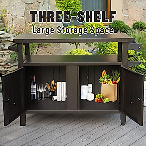 Domi Grill Carts Outdoor with Storage and Wheels, Whole Metal Portable Table and Storage Cabinet for BBQ,Deck,Patio,Backyard (Brown, L45xW20.31xH35.51 Inch)