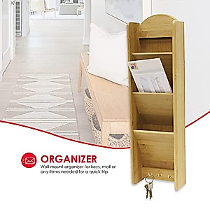 Home Basics Letter Rack, Mail Organizer Holder 3-Tier with 3 Key Hooks, Natural