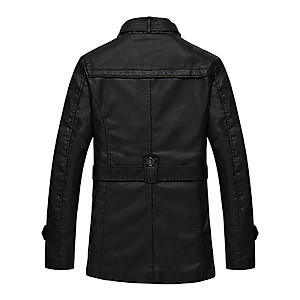 Maiyifu-GJ Men Slim Motorcycle Military Jacket Faux Leather Zip Up Windproof Moto Coat Stand Collar Vintage Outwear with Belt (Black,Large)