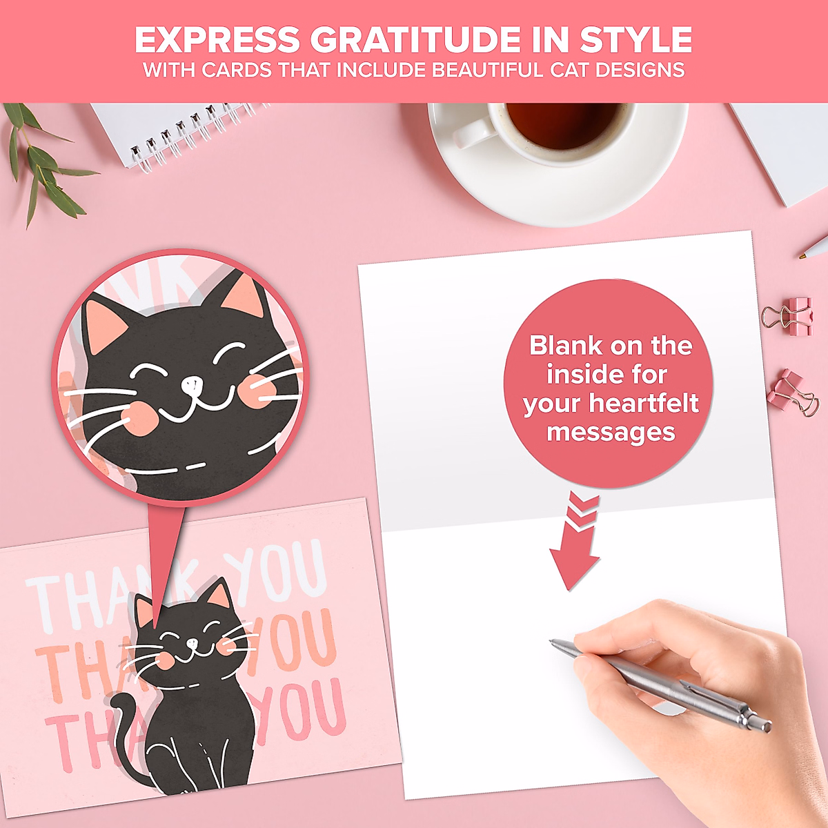 Decorably Thank You Cards with Envelopes & Stickers, Animal-Themed Cards - 24 Pack Cat Thank You Cards, Blank Inside Thank You Cards Cats, 6x4in Thank You Cards with Envelopes Cats