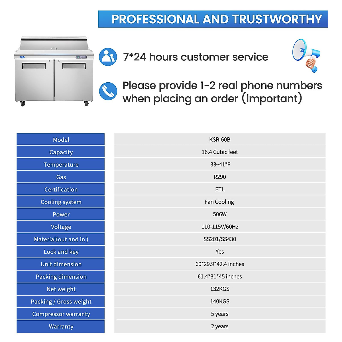 60" W 2 Door Refrigerator Sandwich Salad Prep Table Commercial Stainless Steel Fan Cooling Refrigerator with Cutting Board, 2 Shelves & 16 Pans for Restaurant, Bar, Shop-16.4 Cu.ft