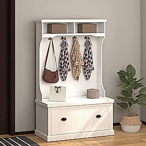HOMCOM Hall Tree for Entryway, Coat Rack Shoe Bench with Bottom Storage, 4 Metal Double Hooks and 2 Shelves for Hallway, Living Room, White