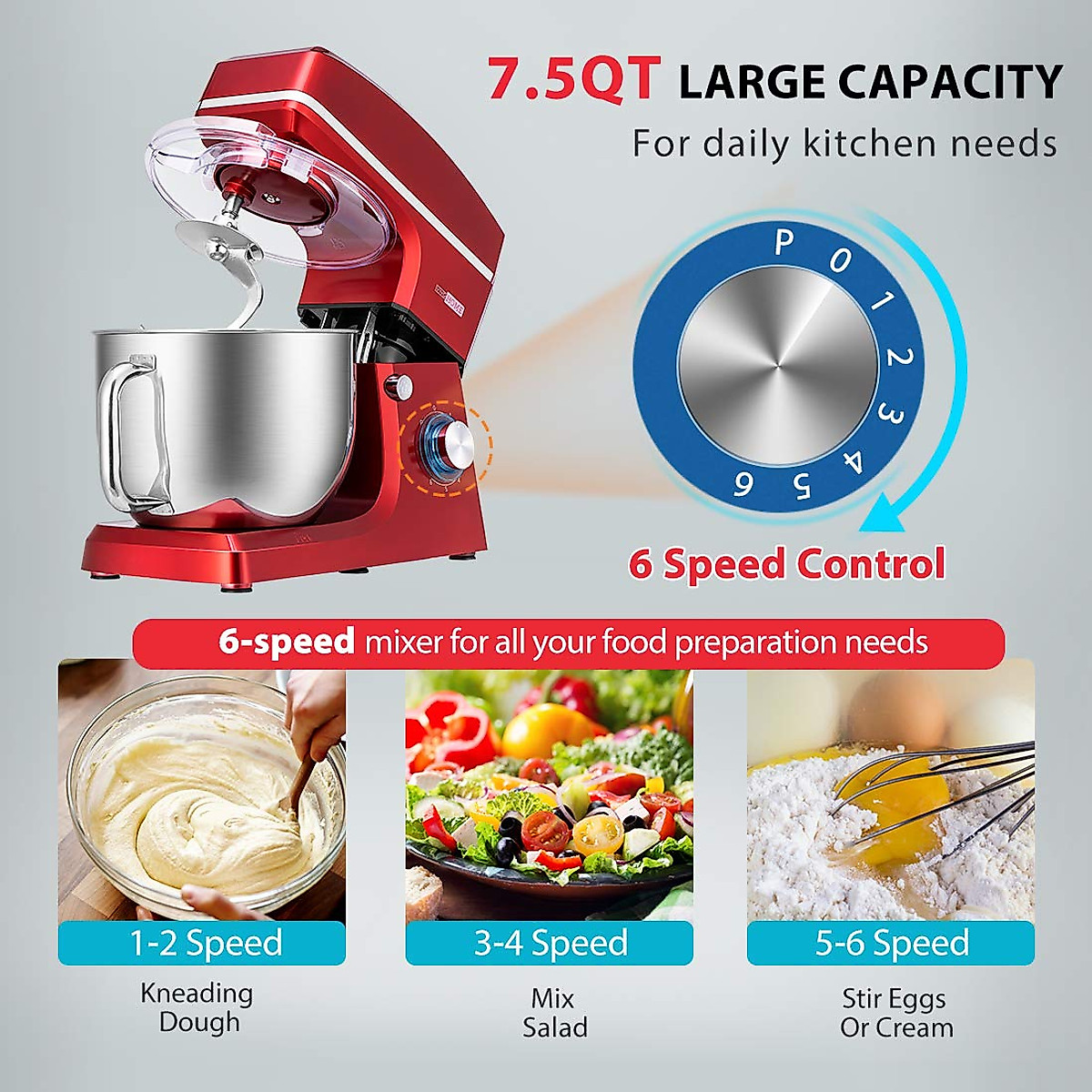 VIVOHOME 7.5 Quart Stand Mixer, 660W 6-Speed Tilt-Head Kitchen Electric Food Mixer with Beater, Dough Hook, Wire Whip, and Egg Separator, Red