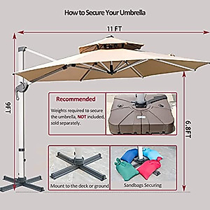 Mojia 11 FT Cantilever Patio Umbrella with Cross Base and Cover Included - 360° Rotation Offset Hanging Umbrella Large Heavy Duty Outdoor Umbrella with Easy Tilt for Pool Backyard Deck Garden, Khaki