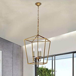 Foyer Lantern Pendant Light Fixture, Dst Gold Iron Cage Chandelier Industrial Led Ceiling Lighting, Size: D17'' H25'' Chain 45''