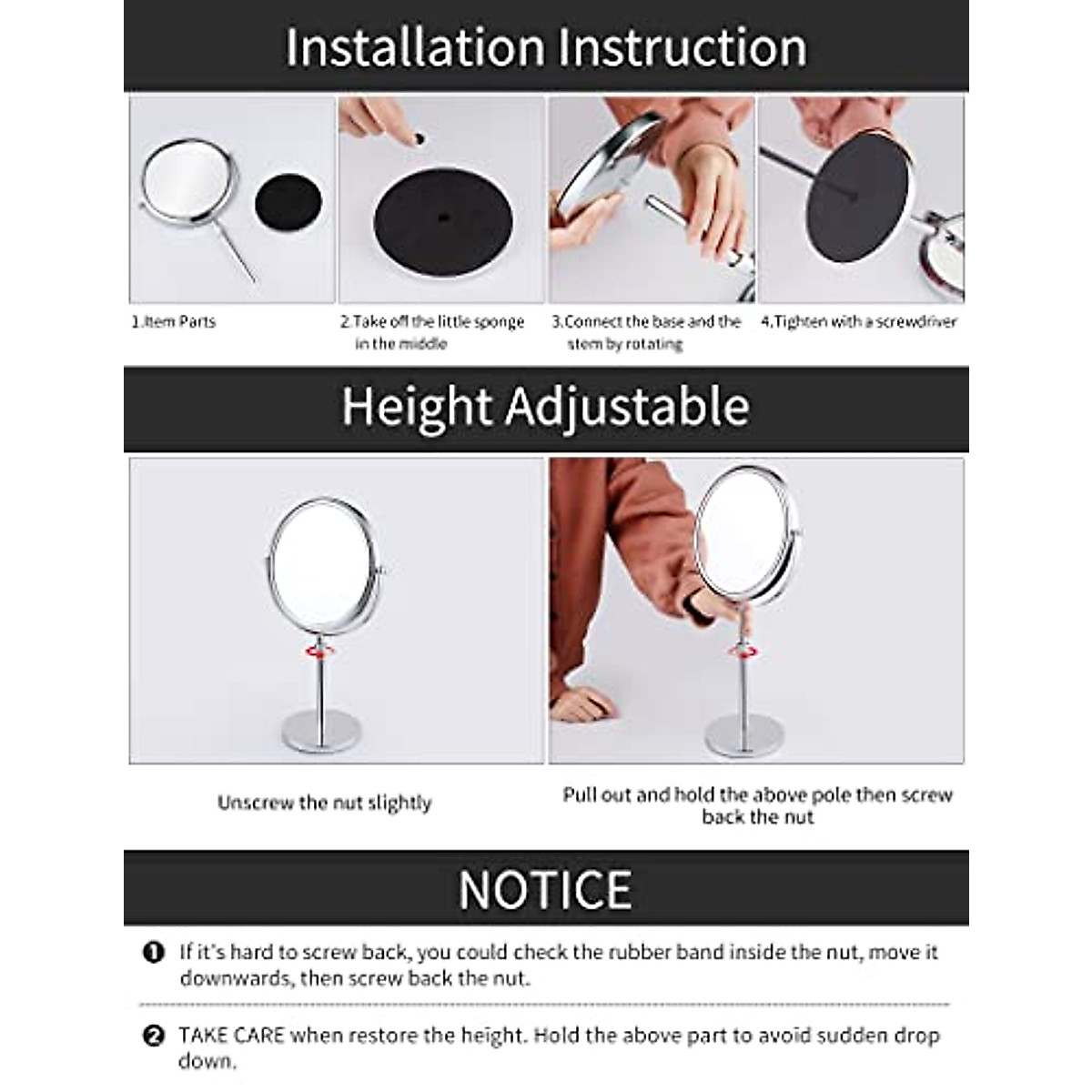 Nicesail Tabletop Makeup Mirror 8 Inch Double-Sided with 7X Magnification, Freestanding Mirror with Pedestal for Shaving, Height Adjustable Chrome Finish (8 Inch, 7X)