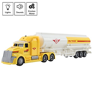 Vokodo Toy Semi Truck Fuel Trailer 14.5" Friction Powered with Lights and Sound Kids Push and Go Big Rig Oil Carrier Vehicle Transporter Semi-Truck Pretend Play Car Great Gift for Children Boys Girls
