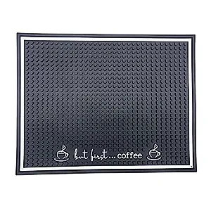 URBN Premium Thick Non-Slip"But First Coffee" Rubber Spill Mat for Countertop or Kitchen Bars, 18in x 14in x 0.4in - Black