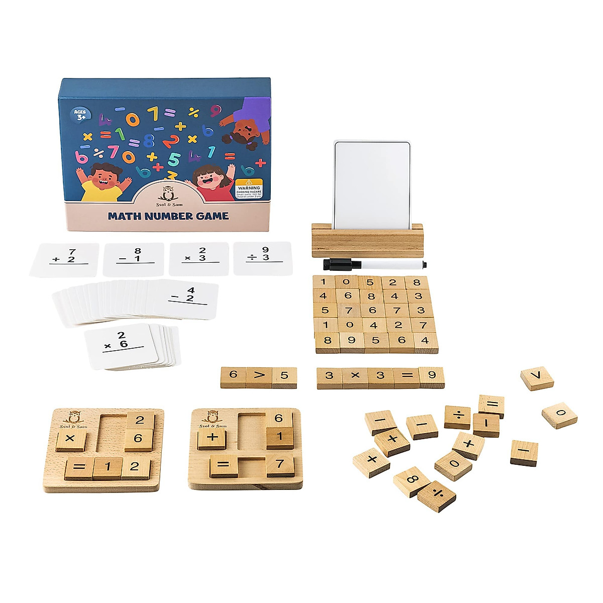 SSol & Sam Educational Math Toys - STEM Counting Toys with Math Flash Cards, Wooden Number Blocks and Boards - Montessori Toys Kindergarten Preschool Kids Ages 4+