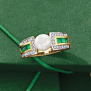 Ross-Simons 6.5-7mm Cultured Button Pearl, 40 ct. t.w. Emerald and .20 ct. t.w. White Topaz Ring in 18kt Gold Over Sterling. Size 6