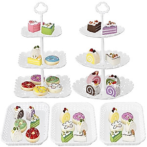 Set of 5 Dessert Stand Set, 3 Tiers White Plastic Cupcake Stand Holder & Rectangle Plastic Party Serving Trays/Platters for Wedding Birthday Baby Shower Tea Party Buffet (Rectangular)