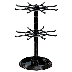 Bracelet Holder Display 2 Tier Rotating Bracelet Display Stand Black with 16 Hooks Multipurpose Adjustable Height Spinning Stable Jewelry Rack with Widened Base & Ring Holder, Keychain Display