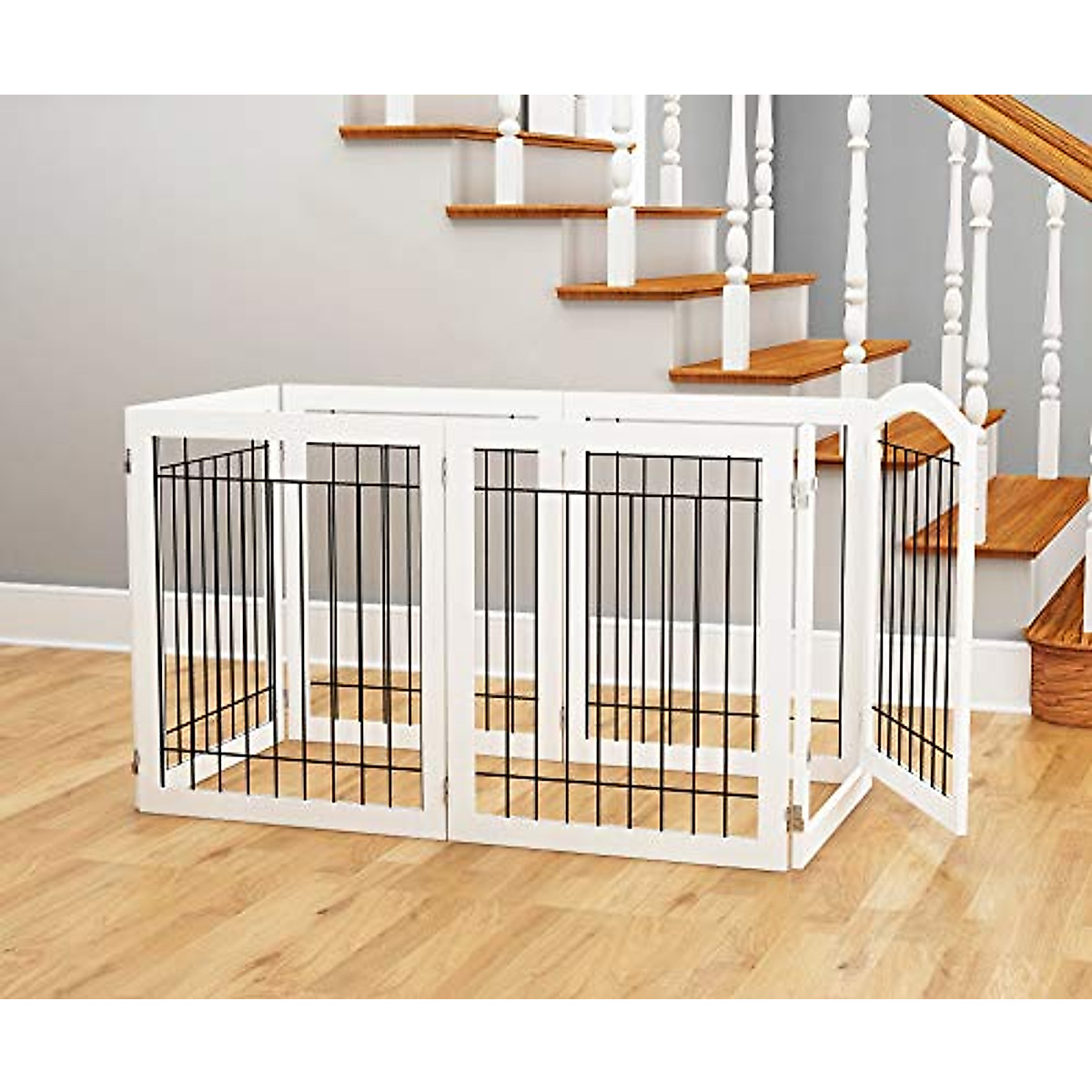 PAWLAND 144-inch Extra Wide 30-inches Tall Dog gate with Door Walk Through, Freestanding Wire Pet Gate for The House, Doorway, Stairs, Pet Puppy Safety Fence, Support Feet Included, White,6 Panels