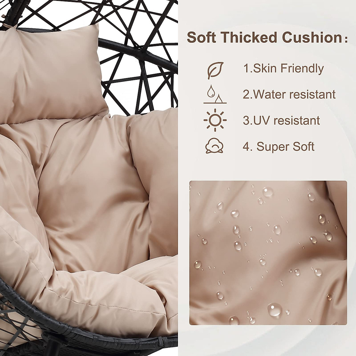 GOOGIC Patio Wicker Egg Chair,Outdoor Egg Chair with Cushion,Oversized Indoor Outdoor Egg Basket Lounge Chair for Patio, Backyard,Living Room,Garden,Steel Frame - Beige