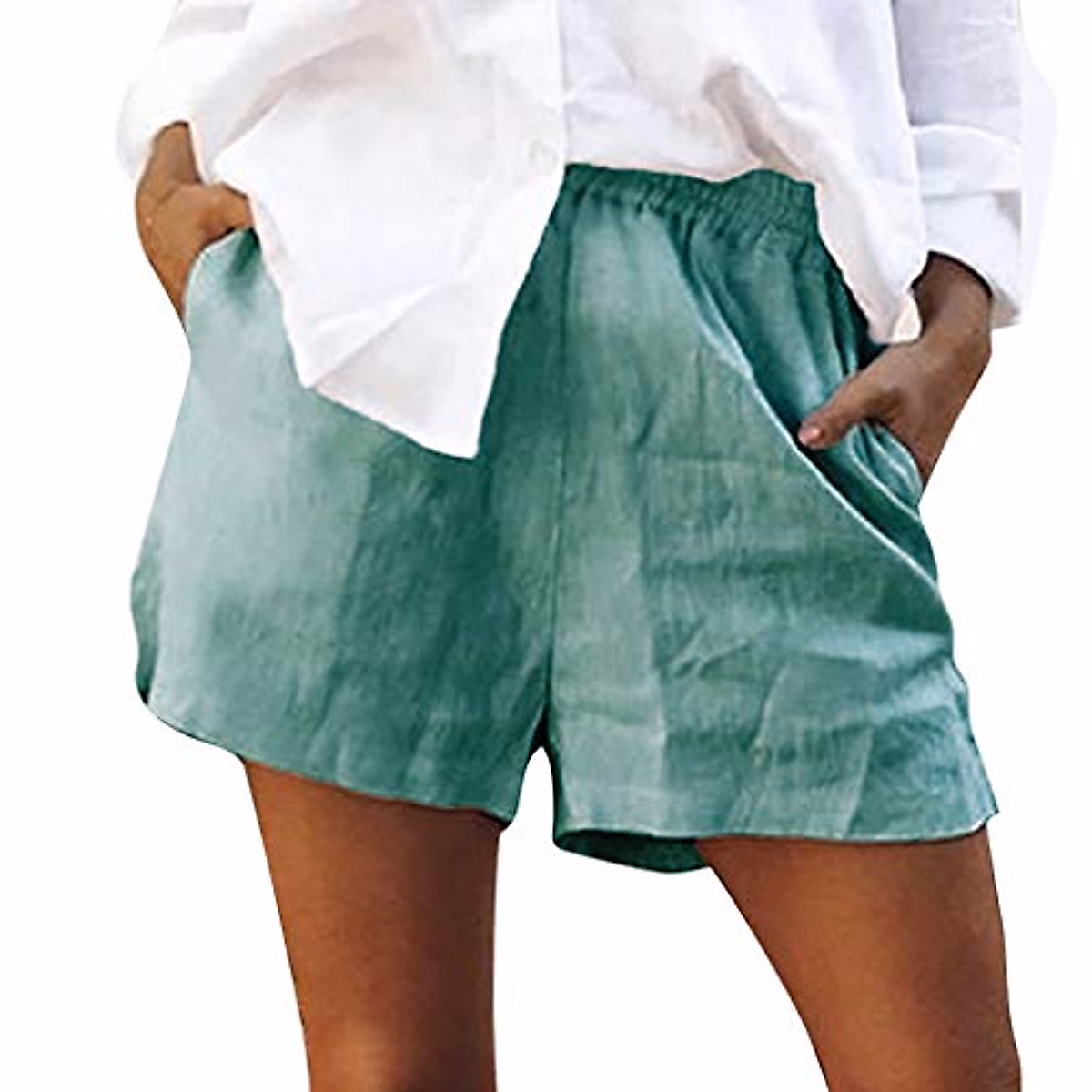 New Beach Shorts, Thenlian Women's Fashion Solid Color Cotton Flax Elastic Short Pants Leisure Shorts(XXXXL, Blue)