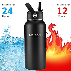 Insulated Water Bottle With Straw 32oz, Sports Water Bottle 1 Liter, Reusable Wide Mouth Vacuum 18/8 Stainless Steel Thermos Flask, Double Wall, BPA-Free (black, 32oz)