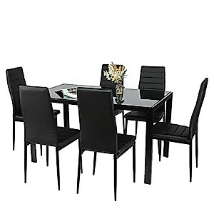 BAHOM 7 Piece Kitchen Dining Table Set for 6, Glass Dining Table and 6 Chairs PU Leather for Breakfast (2 Boxes)