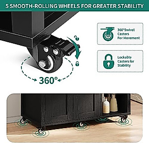 YITAHOME Rolling Kitchen Island Cart on Wheels with Storage, Drawer, Open Shelves, Spice/Towel Rack, Multi-Functional 2 Doors Kitchen Table Island for Dining Room, 42.5” Wide Black