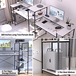 HYPIGO 109 Inches White Double Computer Desk, Extra Long Two Person Desk Workstation with Storage Shelves & Monitor Stand, Large Office Desk Study Writing Table for Home Office