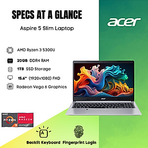 acer Aspire 5 Laptop, AMD Ryzen 3 5300U Quad-Core Processor, 15.6" FHD IPS Display, 20 GB DDR4 RAM, 1 TB PCIe SSD, HDMI, Fingerprint, Wi-Fi 6, Backlit Keyboard, Windows 11 Home S Mode