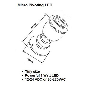Micro Pivoting LED Spotlight - 1 Watt High Power LED Lamp - Tiny Size, Cool White LED, 12 to 28VDC