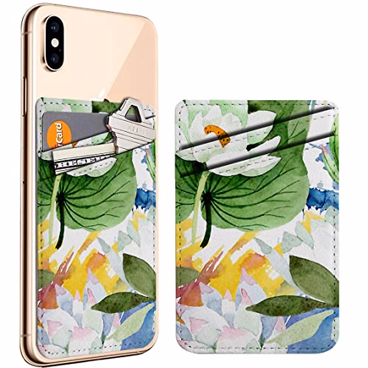 Diascia Pack of 2 - Cellphone Stick on Leather Cardholder ( Watercolor White Lotus Flower Floral Pattern Pattern ) ID Credit Card Pouch Wallet Pocket Sleeve