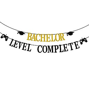 Bachelor Level Complete Banner, Congrats Bachelor Degree Graduation Party Decor, Video Game Themed Decorating, Class of 2021 Bachelor Graduation Party Decoration Supplies Black Glitter.