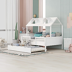 Harper & Bright Designs Full Size House Bed with Trundle, Full Size Bed Frame for Kids,Wooden Cabin Full Playhouse Bed for Girls, Boys,No Box Spring Needed,White