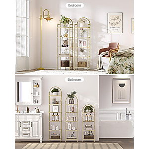 Hzuaneri Bookcase Bookshelf, Tempered Glass Bookshelves, Slim Shelving Unit for Bedroom, Bathroom, Home Office, Steel Frame, 5 Tier Gold BC05001G