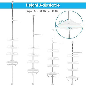 Corner Shower Caddy,4 Tier Height Adjustable White Plastic Tension Bathroom Corner Shelf Bath Shower Pole Storage Rack Tower Organizer Basket Storing Shampoo, Conditioner, Soap (4 Tier Plastic)