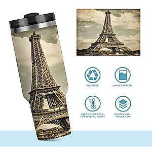 Flradish 40oz Tumbler with Handle, Vintage Eiffel Tower in Paris Stainless Steel Tumbler with Lid and Straws Double Wall Vacuum Insulated Leakproof Coffee Travel Mug