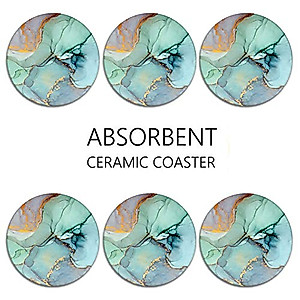 Britimes Coasters for Drinks Absorbent with Metal Holder Stand, Ceramic Stone Coaster Sets of 6, Marble Style Coaster for Coffee Wooden Table, Housewarming Gift Turquoise